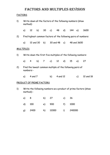 Basic Factors and Multiples Homework | Teaching Resources