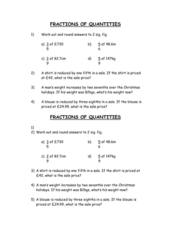 Fractions of Quantities with a Calculator Homework | Teaching Resources