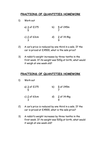 Basic Fractions of Quantities Homework | Teaching Resources