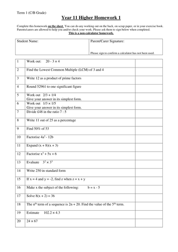 20 GCSE Higher Homework - ideal for grade B students | Teaching Resources