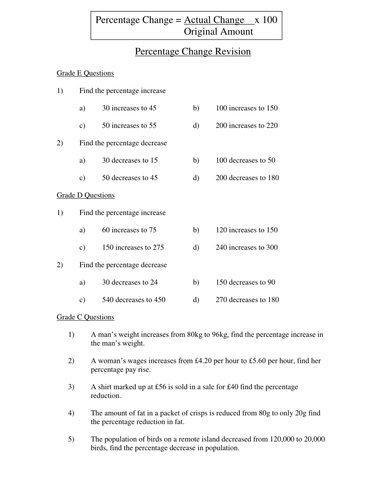 Percentage Change Formula Differentiated Homework | Teaching Resources