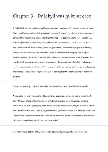 Jekyll and Hyde - chapter 3 resources, self starter, summary task ...