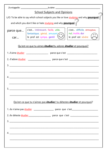 FRENCH - School Subjects and Opinions - Worksheets | Teaching Resources