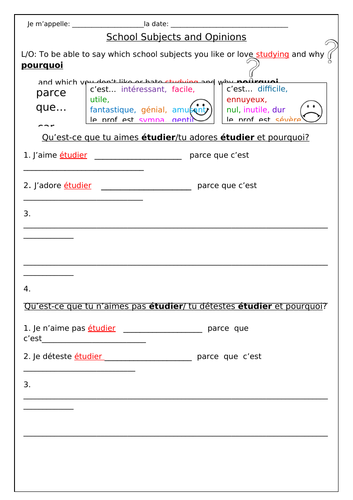 FRENCH - School Subjects and Opinions - Worksheets | Teaching Resources