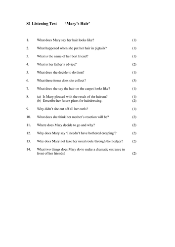 Listening test - short story Mary's Hair | Teaching Resources