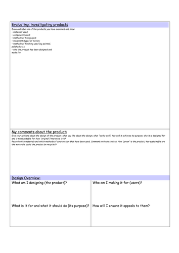 D.T product design and evaluation template | Teaching Resources