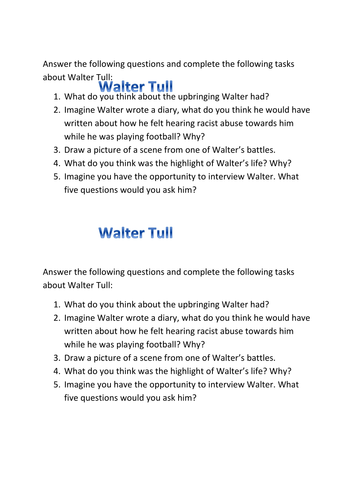 Walter Tull Task Sheet | Teaching Resources