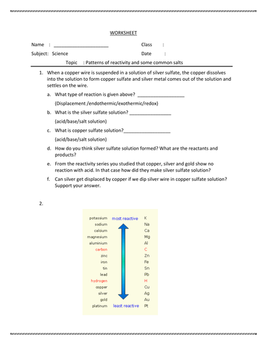 Worksheet reactivity series and displacement reactions | Teaching Resources