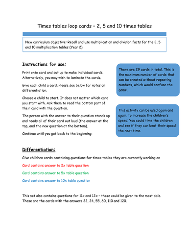 Times tables loop cards 2, 5 and 10 times tables. | Teaching Resources