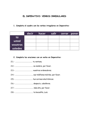 Crucigrama de los verbos irregulares en Imperativo | Teaching Resources