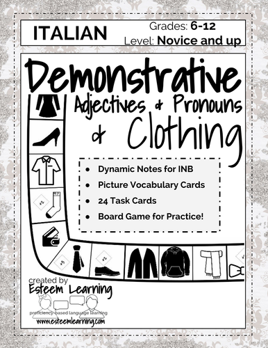Task Cards, INB Notes & Game for Clothing, Demonstrative Adjectives ...