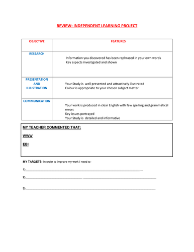 Independent Learning Project Review Sheet | Teaching Resources Independent Learning Project Review Sheet | Teaching Resources