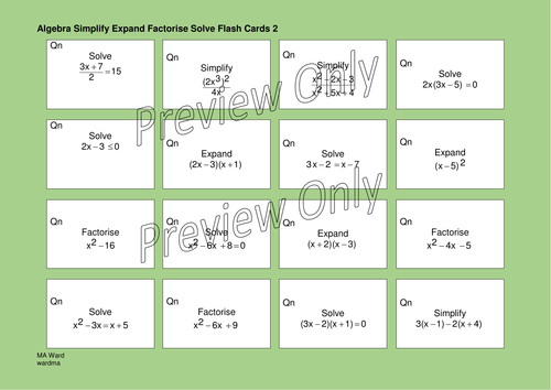 Algebra Simplify Expand Factorise Solve Flash Cards 2 | Teaching Resources Algebra Simplify Expand Factorise Solve Flash Cards 2 | Teaching Resources