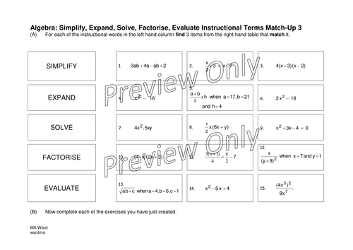 Algebra Simplify Expand Solve Factorise Evaluate Instructional Terms ... Algebra Simplify Expand Solve Factorise Evaluate Instructional Terms ...