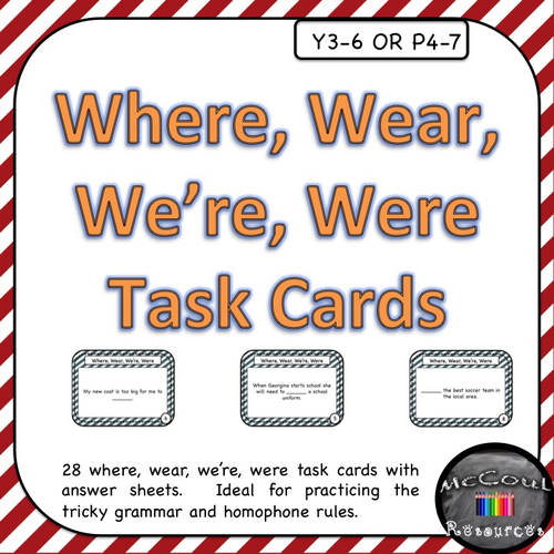 Where, Wear, We’re, Were Homophone Grammar Task Cards | Teaching Resources