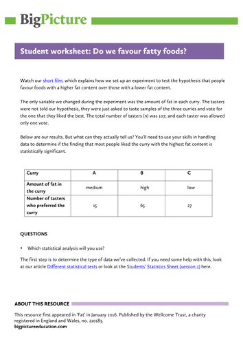 Student worksheet: Do we prefer fatty foods over lower fat foods ...