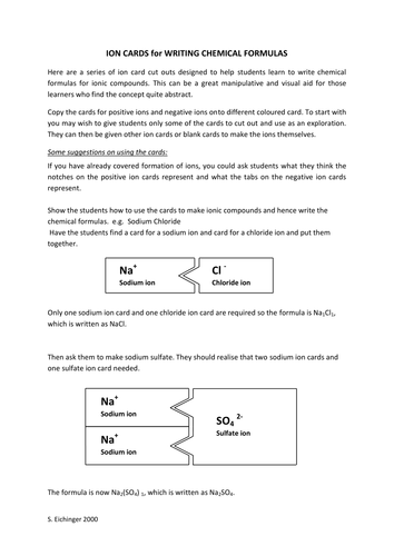 Ion Cards for Writing Chemical Formulas | Teaching Resources