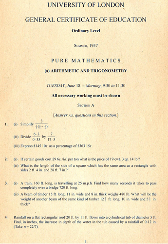 Old 1957 O Level Maths Papers by tpayne89 - Teaching Resources - Tes