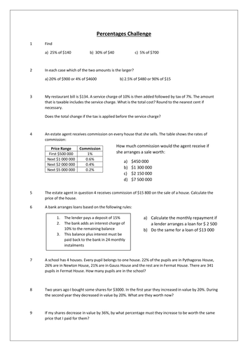 Percentages Challenge | Teaching Resources