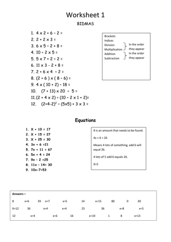 Revision for BIDMAS and solving linear equations | Teaching Resources