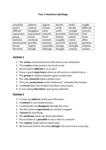 Year 3 Spelling Assessment New Curriculum Statutory Words | Teaching ...