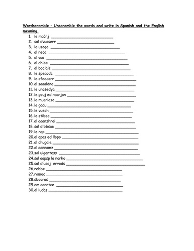 Foods wordscramble, related to Realidades I 3A/B | Teaching Resources