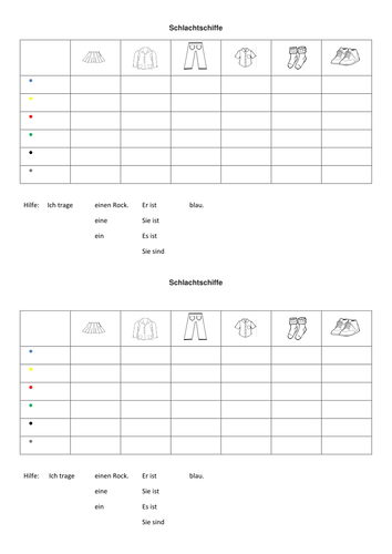 German clothes/colours battleships game | Teaching Resources