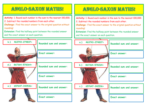 Rounding and subtracting Anglo-Saxon themed maths worksheets Year 5 KS2 ...