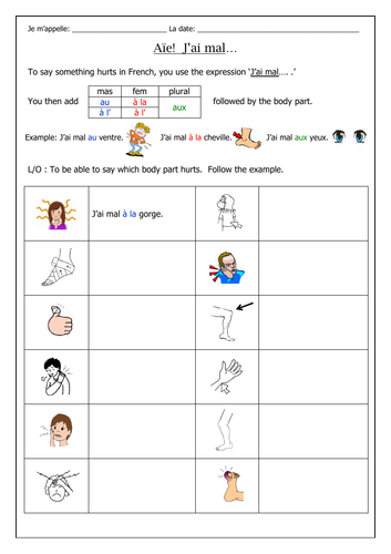FRENCH - J'ai mal ... et Je suis malade - Worksheets | Teaching Resources