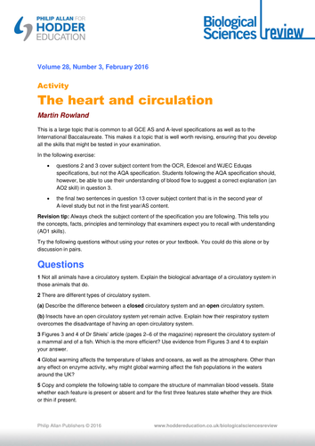 A-level Biology: Heart and Circulation worksheet | Teaching Resources
