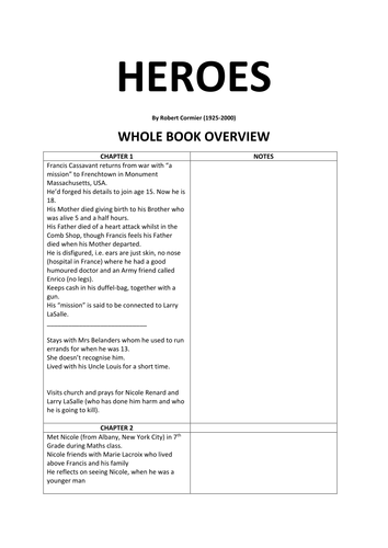 HEROES BY ROBERT CORMIER - WHOLE BOOK ANALYSIS | Teaching Resources