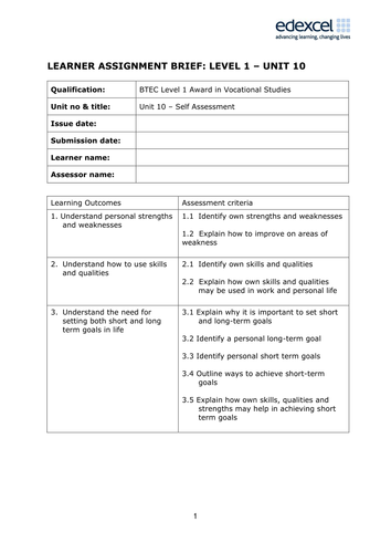 BTEC Vocational Studies Level 1 Unit 10 Self Assessment Workbook ...