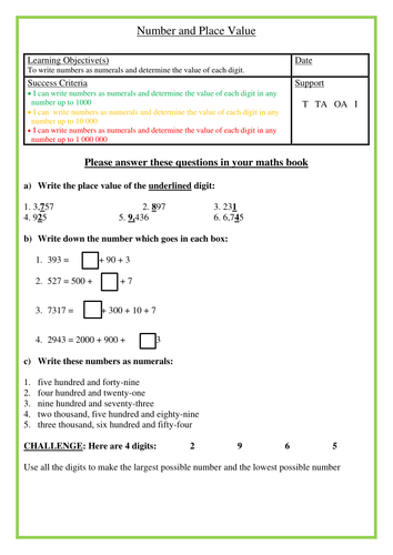 Year 5 Place Value To write numbers as numerals and determine the value ...
