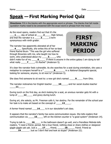 Speak by Laurie Halse Anderson First Marking Period Quiz with Answer ...