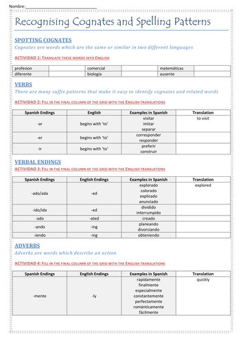 Spanish - Recognising Cognates and Spelling Patterns | Teaching Resources
