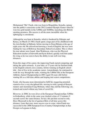 Mo Farah Year 5 Biography wrting sample text | Teaching Resources