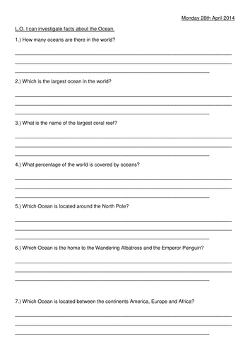 Oceans worksheet | Teaching Resources