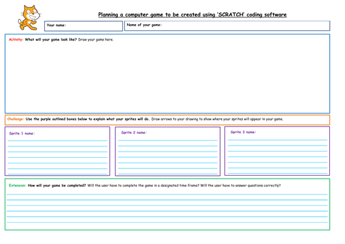 SCRATCH planning sheet - for learners planning on making a computer game using SCRATCH software ...