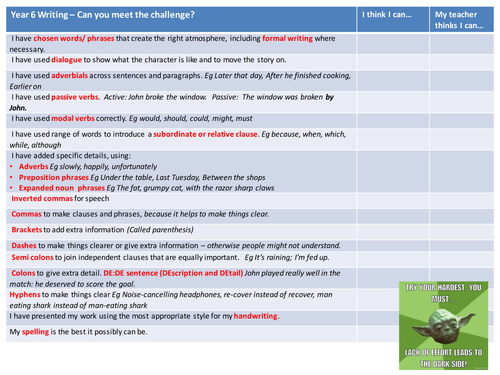 Y6 Interim Writing Framework Child Friendly Checklist and accompanying ...