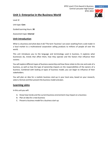 Btec First Award In Business Unit 1 Enterprise In The Business World Assessment Brief 
