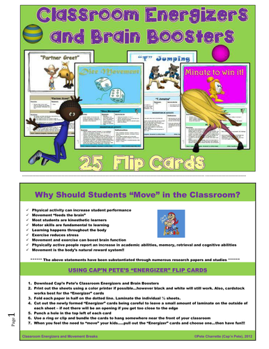 Classroom Energizers and Brain Boosters- 25 Flip Cards | Teaching Resources
