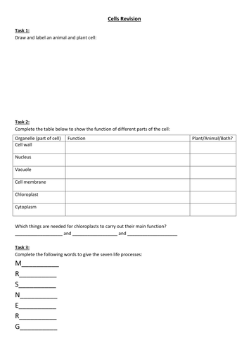 Cells Revision Tasks | Teaching Resources