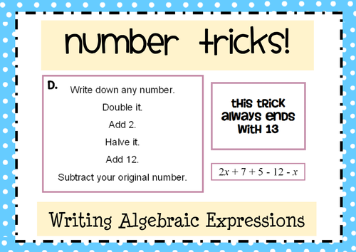 Number Tricks: Writing Algebraic Expressions Activities by MathspadUK ...
