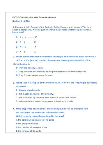 Periodic Table _IGCSE_Chemistry_Worksheet and Ans Key | Teaching Resources