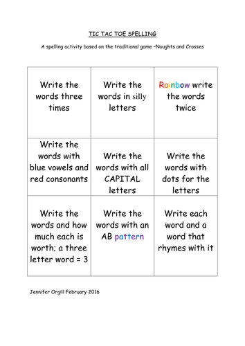 Spelling Tic Tac Toe Sheet