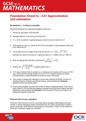 OCR Maths: Foundation GCSE - Check In Test 4.01 Approximation and ...