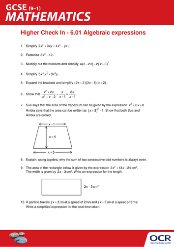 OCR Maths: Higher GCSE - Check In Test 6.01 Algebraic expressions ...