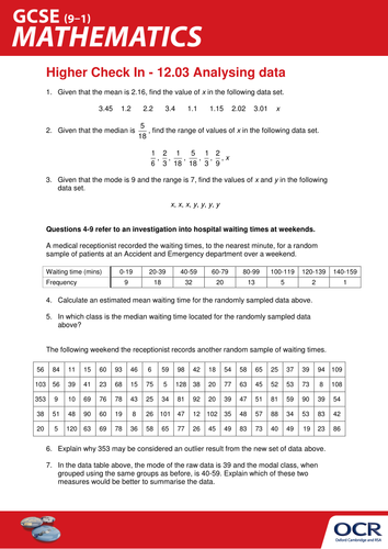 OCR Maths: Higher GCSE - Check In Test 12.03 Analysing data | Teaching ...