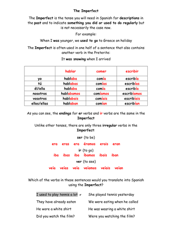 KS5/KS4 Spanish: The Imperfect | Teaching Resources