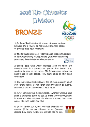 2016 Rio Olympics Division (Word Problems) | Teaching Resources